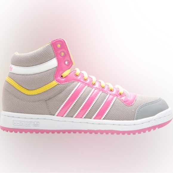 adidas | Shoes | Adidas Pink And Gray Sneakers With Yellow Accents ...